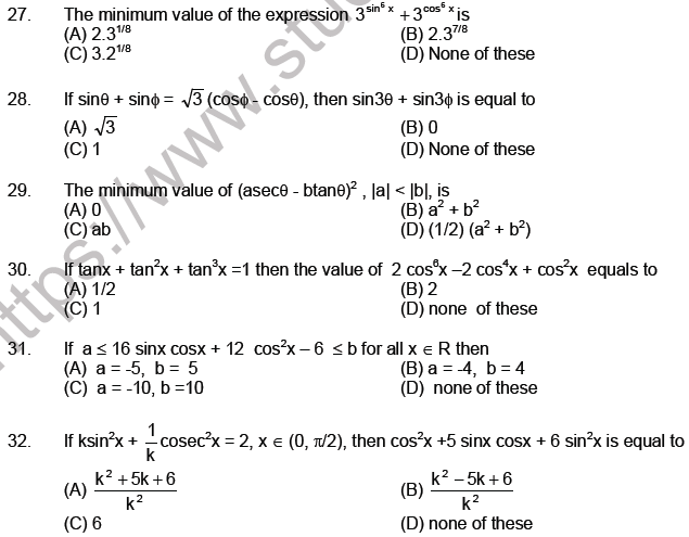 JEE Mathematics Trigonometric Functions MCQs Set A with Answers